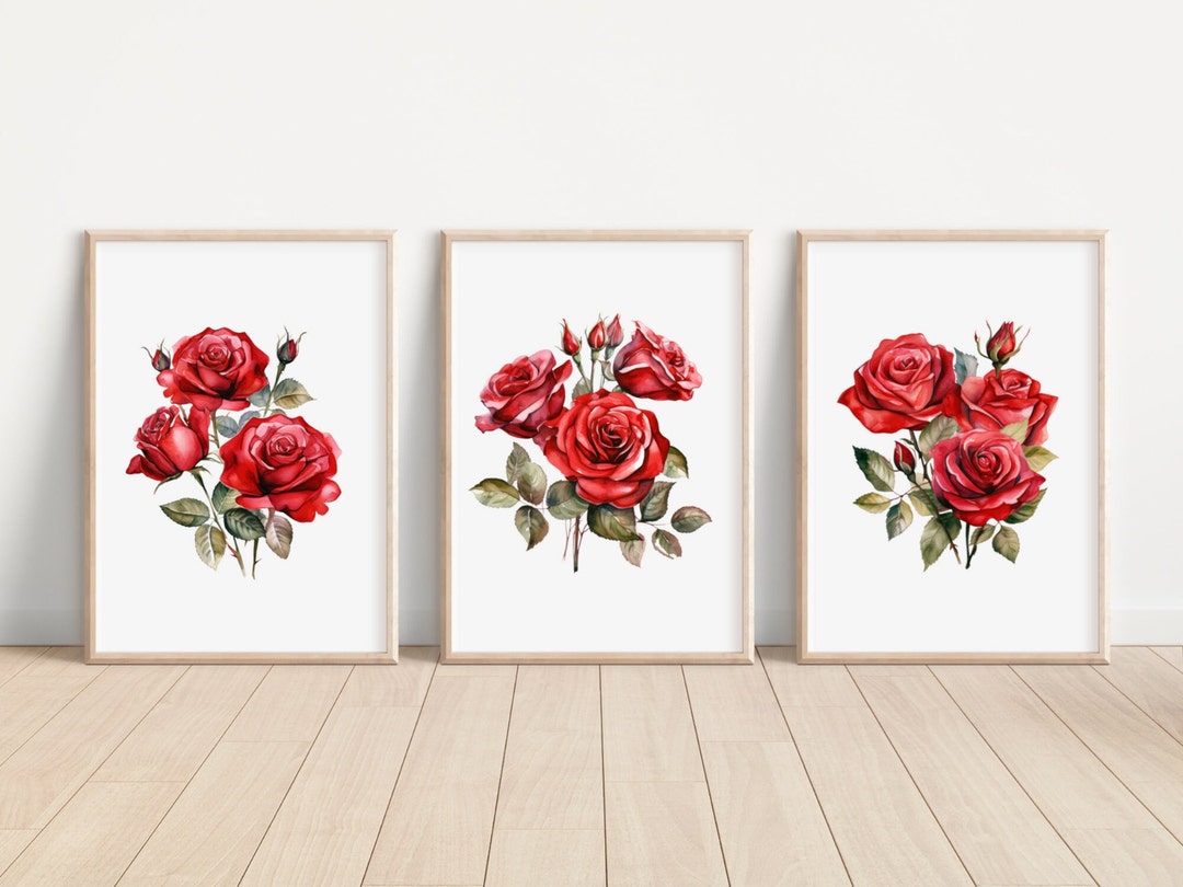 Red Roses Flower Art Prints Set of 3 Watercolor Red Roses Flower Print ...