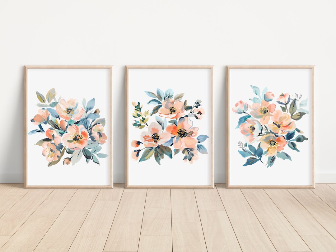 Blue Peach Flower Prints Set of 3 Watercolor Abstract Soft Flower Print ...