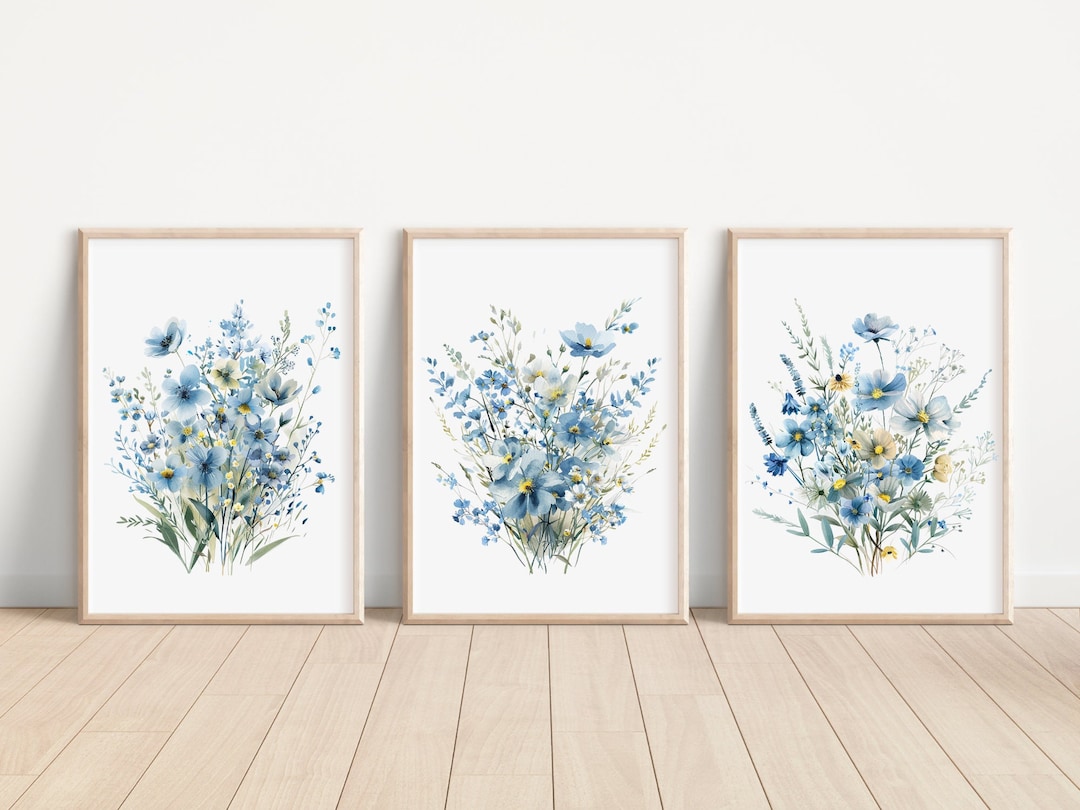 Blue Wildflower Print Wild Floral Artwork Set of 3 Watercolor Blue ...