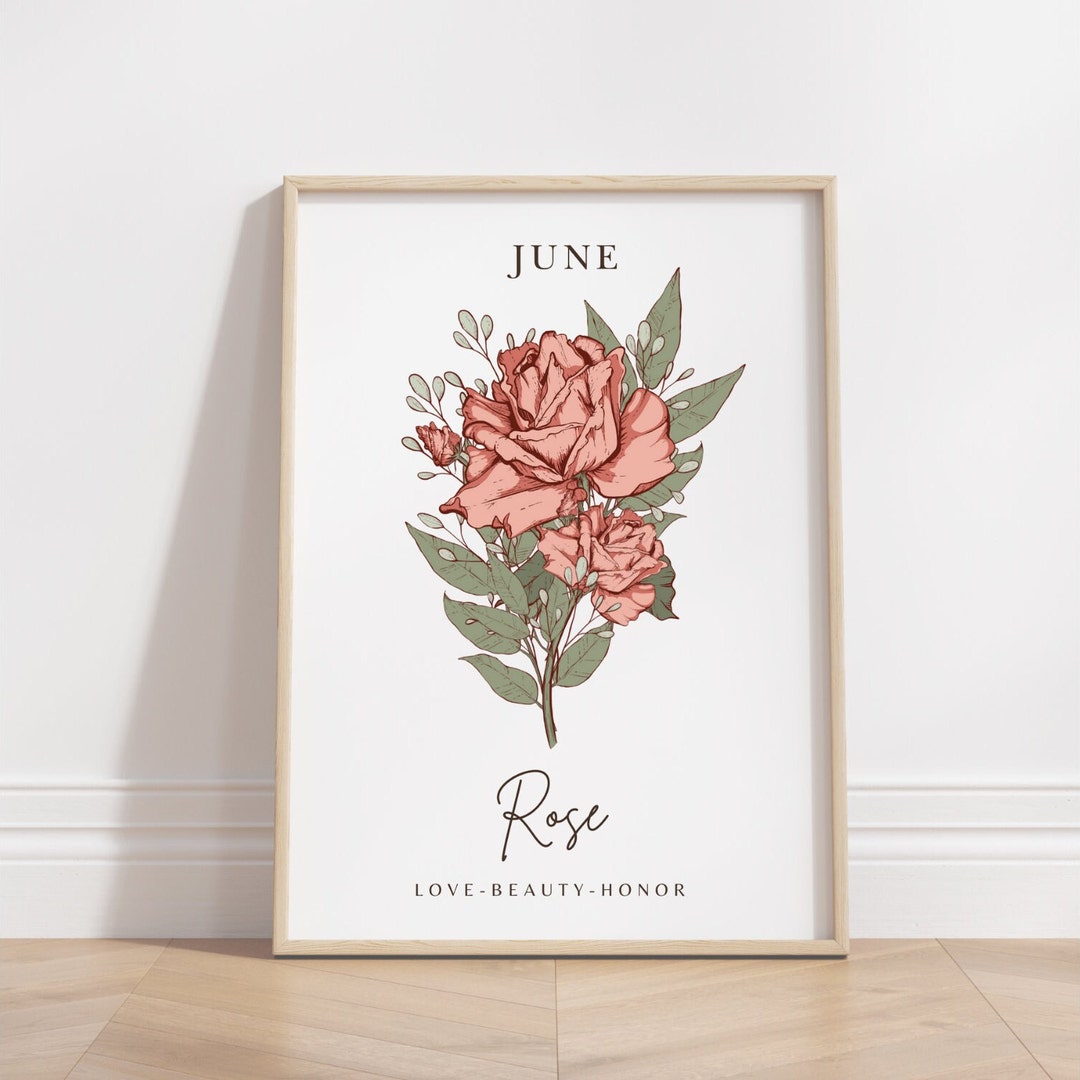 June Birth Flower Print Rose Flower Wall Art Print Birth Month Flower ...