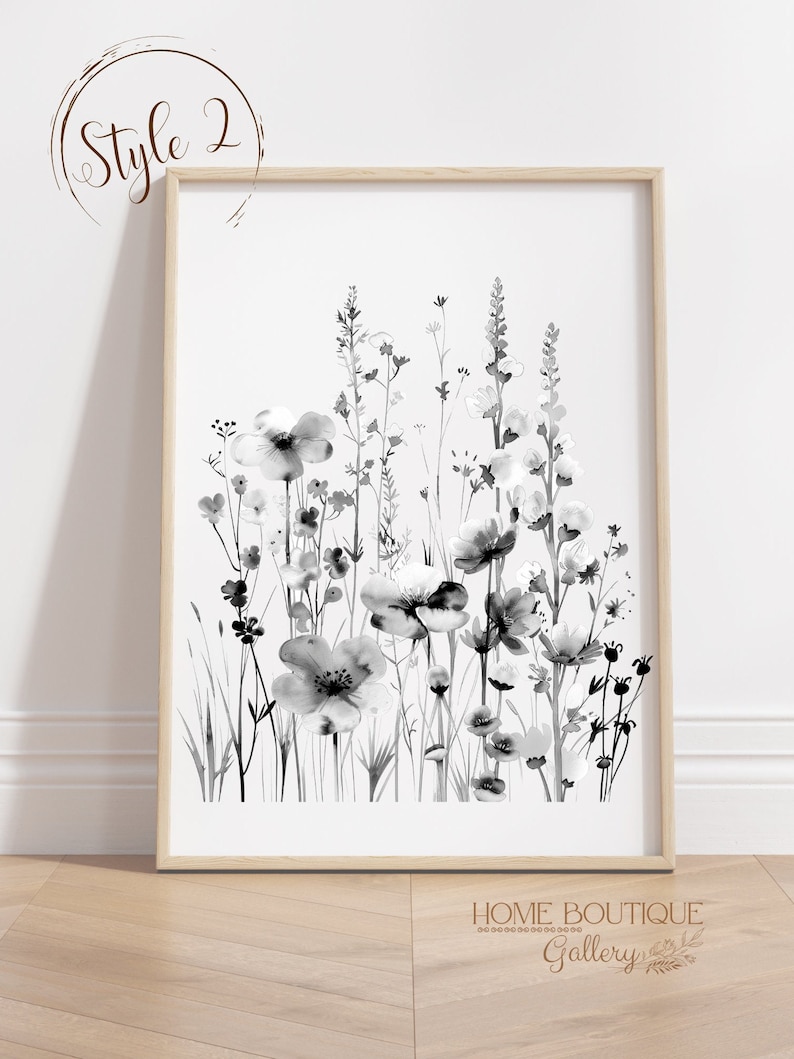 Black and White Wildflower Print Set of 3 Watercolor Black White Wildflower Print Wildflower ...