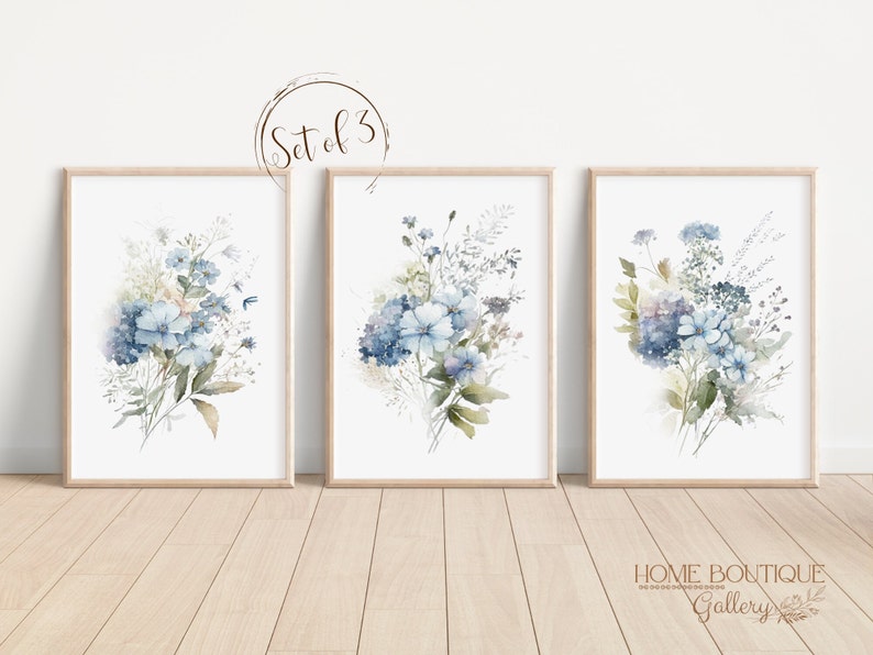 Bohemian Blue Flower Wall Art Prints Set of 3 Watercolor Bohemian Blue ...