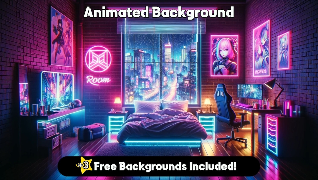 ANIMATED BACKGROUND | Retro Neon Cyberpunk Bedroom | Looped Purple Neon ...