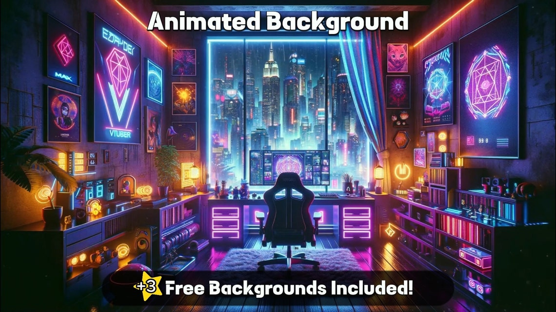 ANIMATED BACKGROUND Neon Cyberpunk Office Looped Purple Neon Vtuber ...