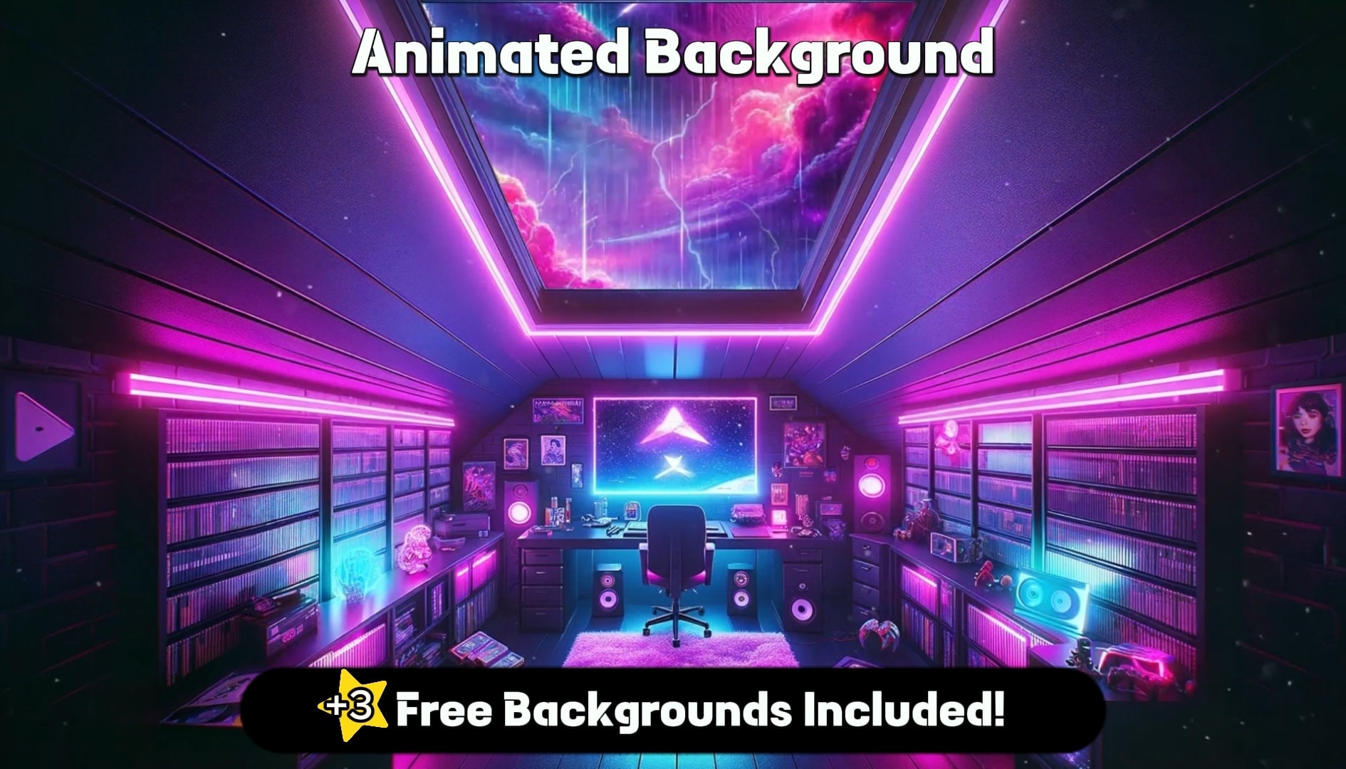 ANIMATED BACKGROUND Stormy Cyberpunk Office Looped Purple and Pink Neon ...