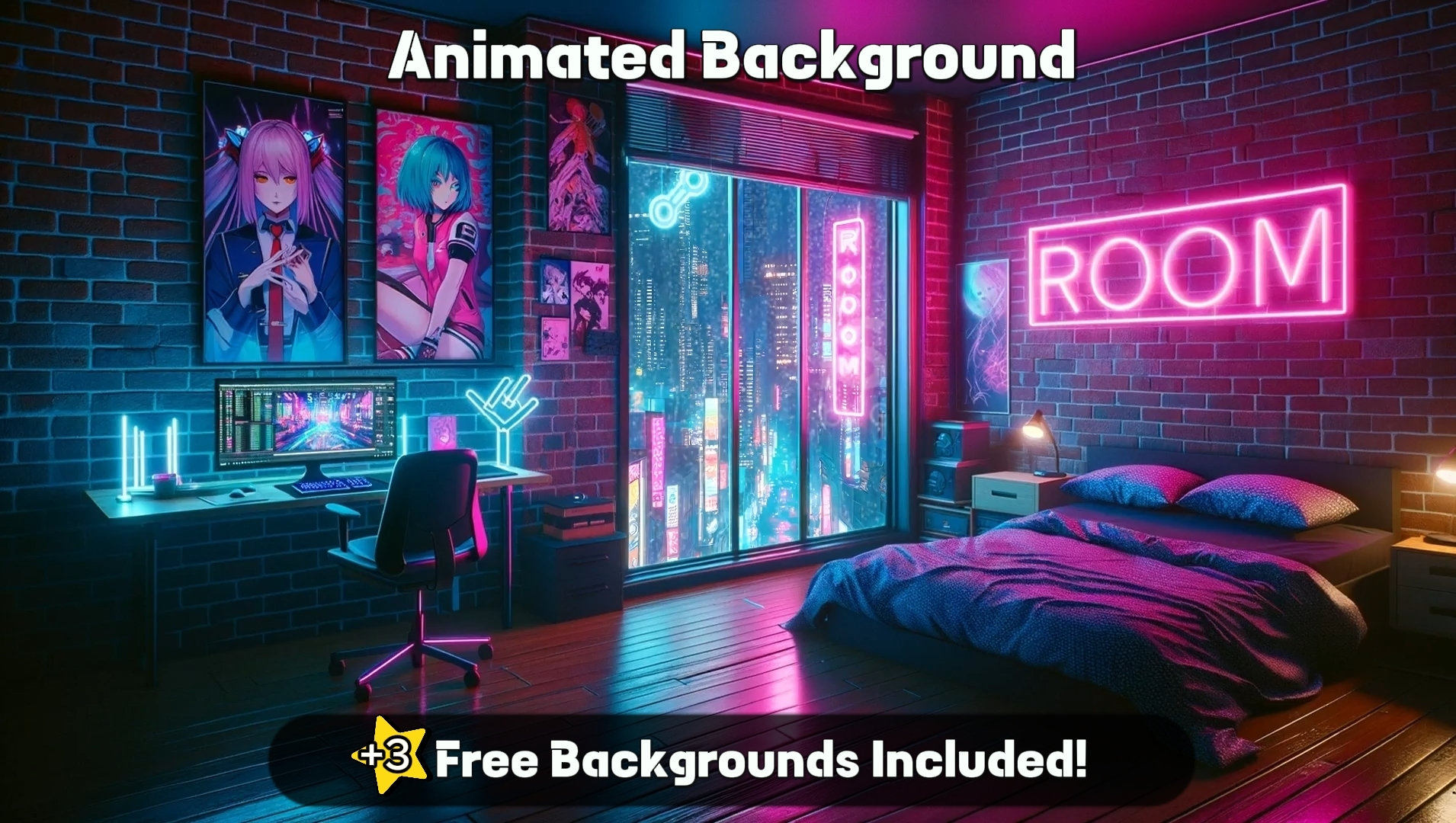 ANIMATED BACKGROUND | Cyberpunk Bedroom Neon Purple | Looped Purple ...