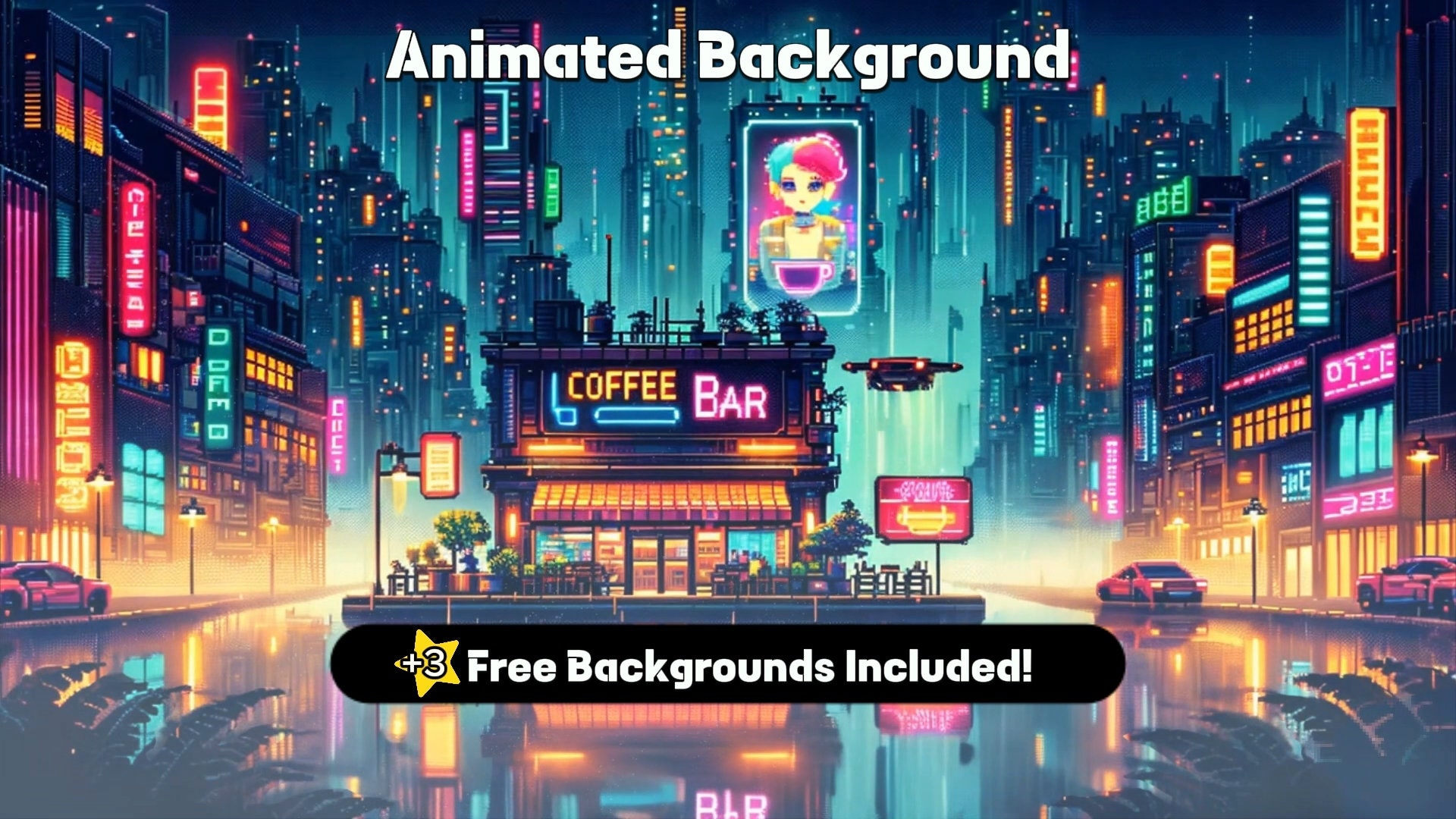 Animated Background Pixel Cyberpunk Cafe | Twitch Overlay | Vtuber Cafe ...