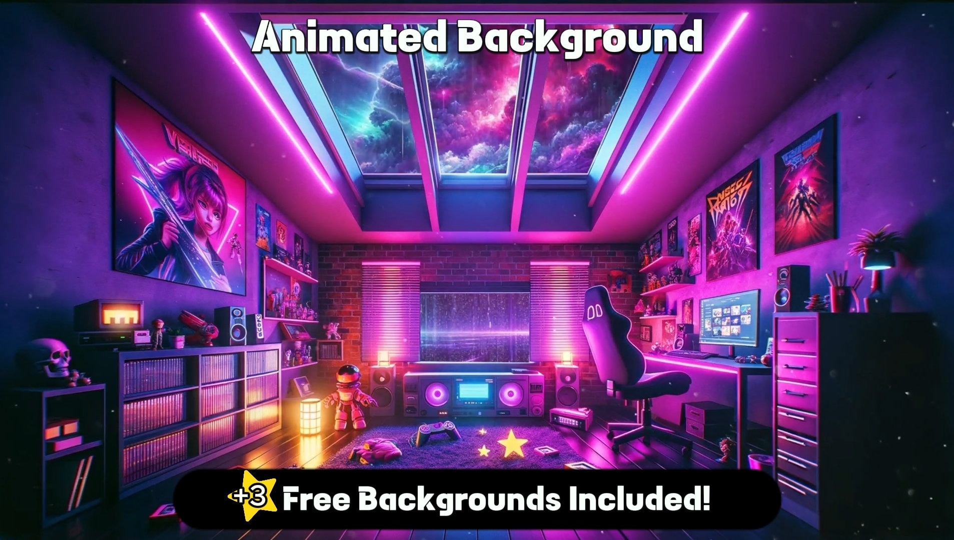 ANIMATED BACKGROUND | Cyberpunk Gaming Room Stormy Night | Looped ...