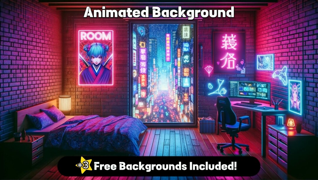 ANIMATED BACKGROUND | Neon Cyberpunk Bedroom | Looped Purple Neon ...