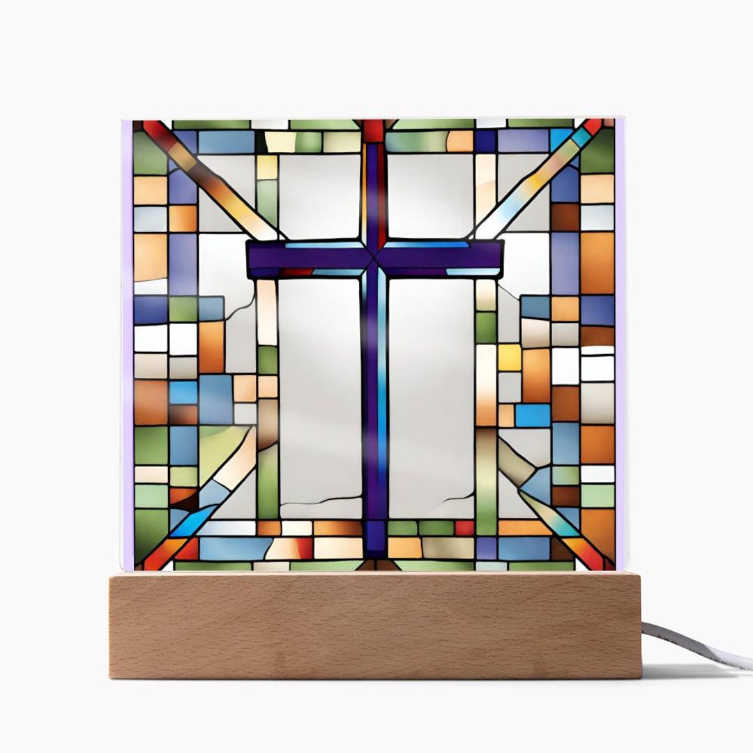 Stained Glass Acrylic Religious Plaque With LED Wooden Base - Etsy