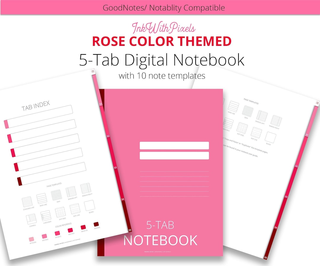 5 Tab Digital Notebook/ Rose Color Scheme / With 10 Templates ...