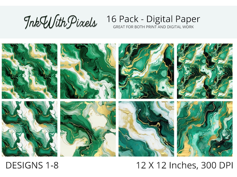 Digital Paper- Emerald Green and Gold Paint Pour/ Alcohol Ink/ Gold ...