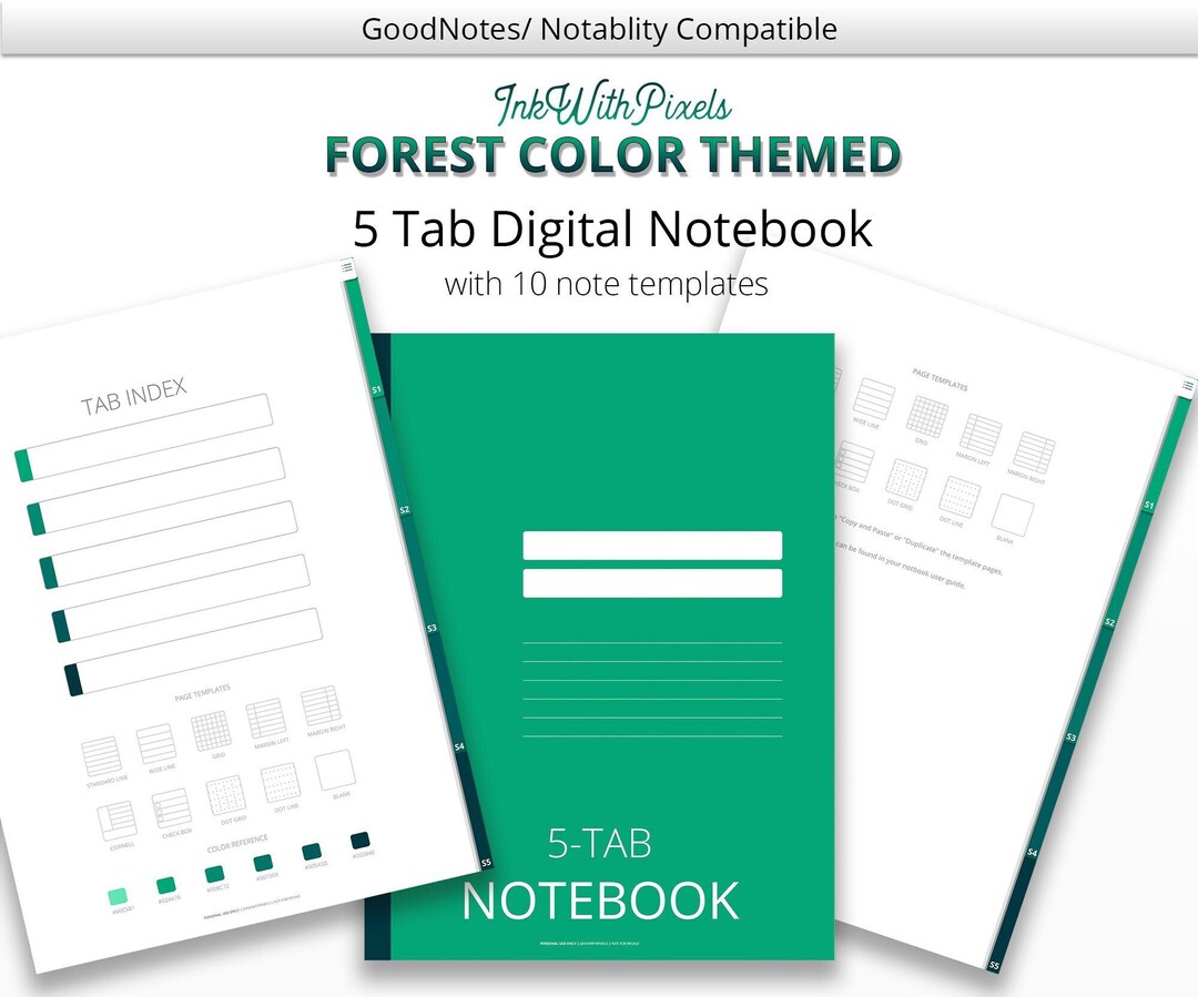 5 Tab Digital Notebook/ Forest Color Scheme / With 10 Templates ...
