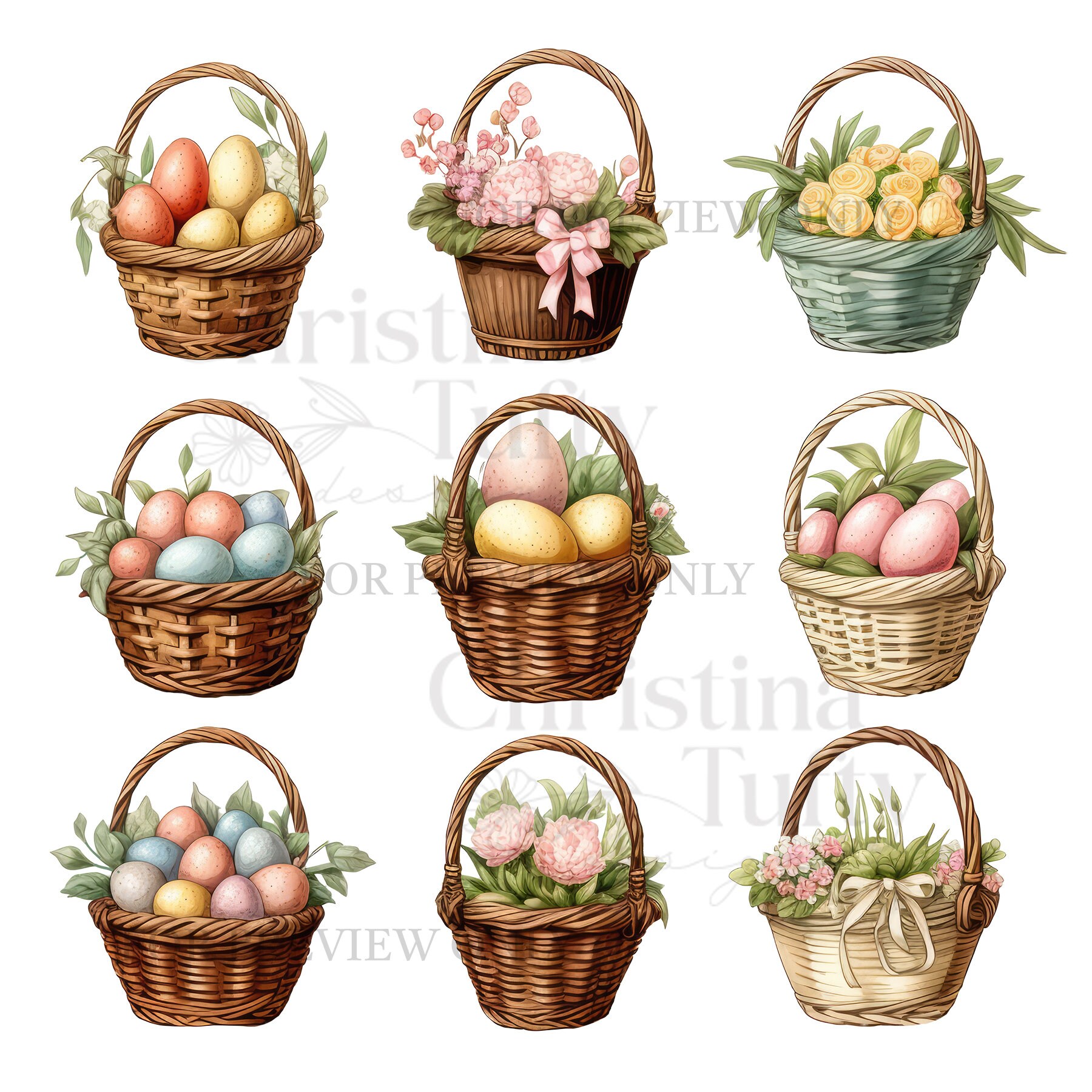 Watercolor Flower Baskets, Easter Egg Baskets PNG SVG for Sublimation ...