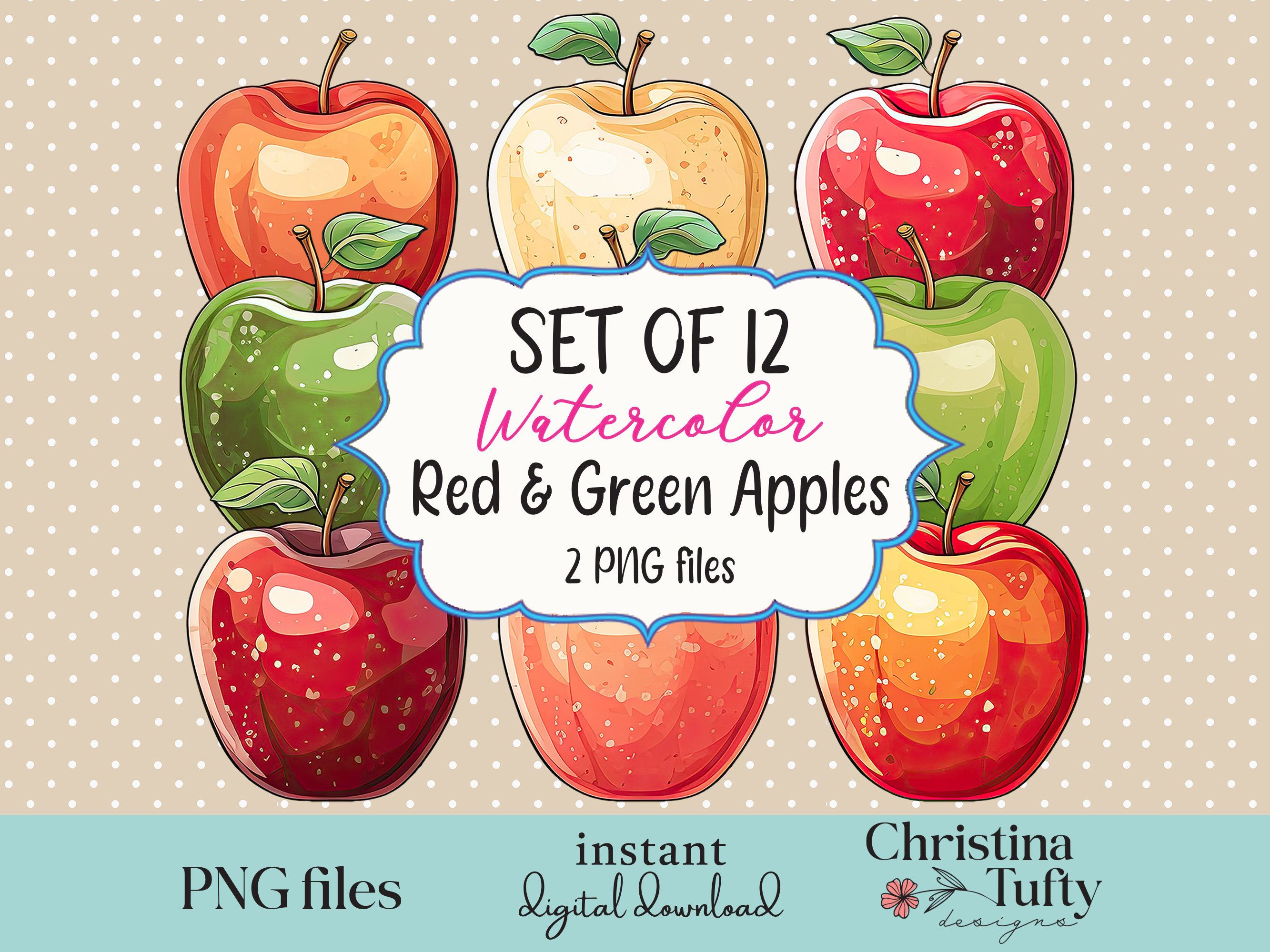 Apples Png, Red Apples Png, Red and Green Apples Bundle Png, Watercolor ...