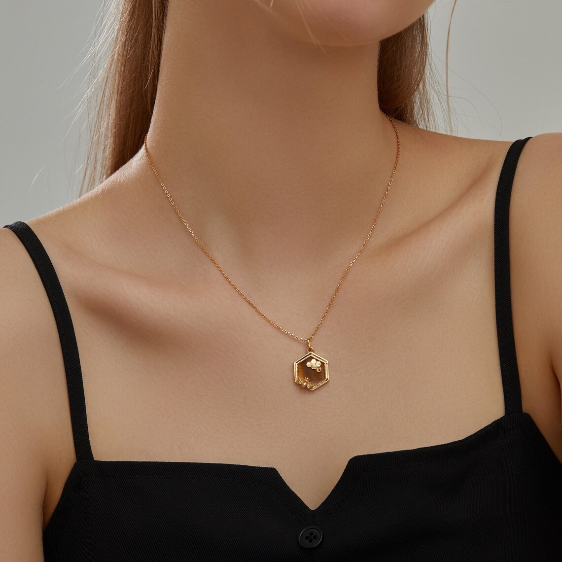 Honey Bee Dainty Necklace-natural Tigers Eye Necklace-hexagon Pendent ...