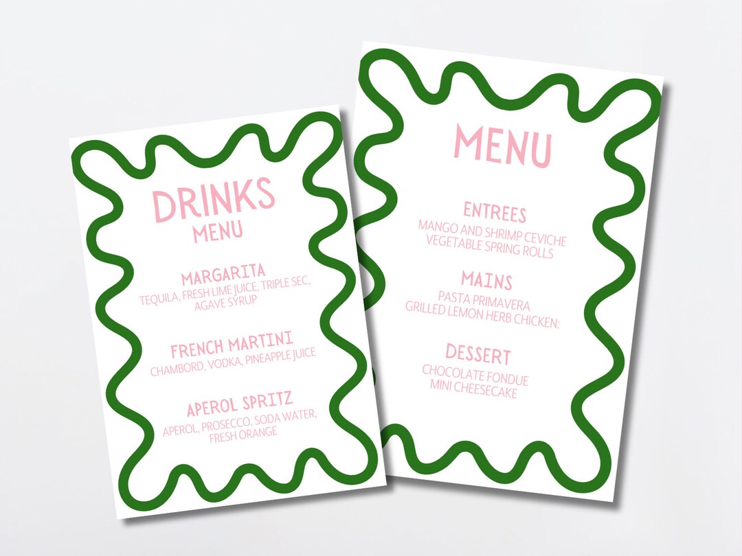 Printable Pink and Green Wavy Border Menus | Pink Menus | Custom ...