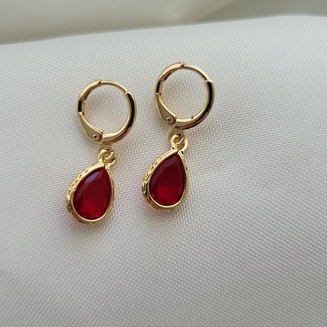 Ruby Red & Crystal Teardrop Teardrop Jewel Huggie Hoop Earrings, 14k ...