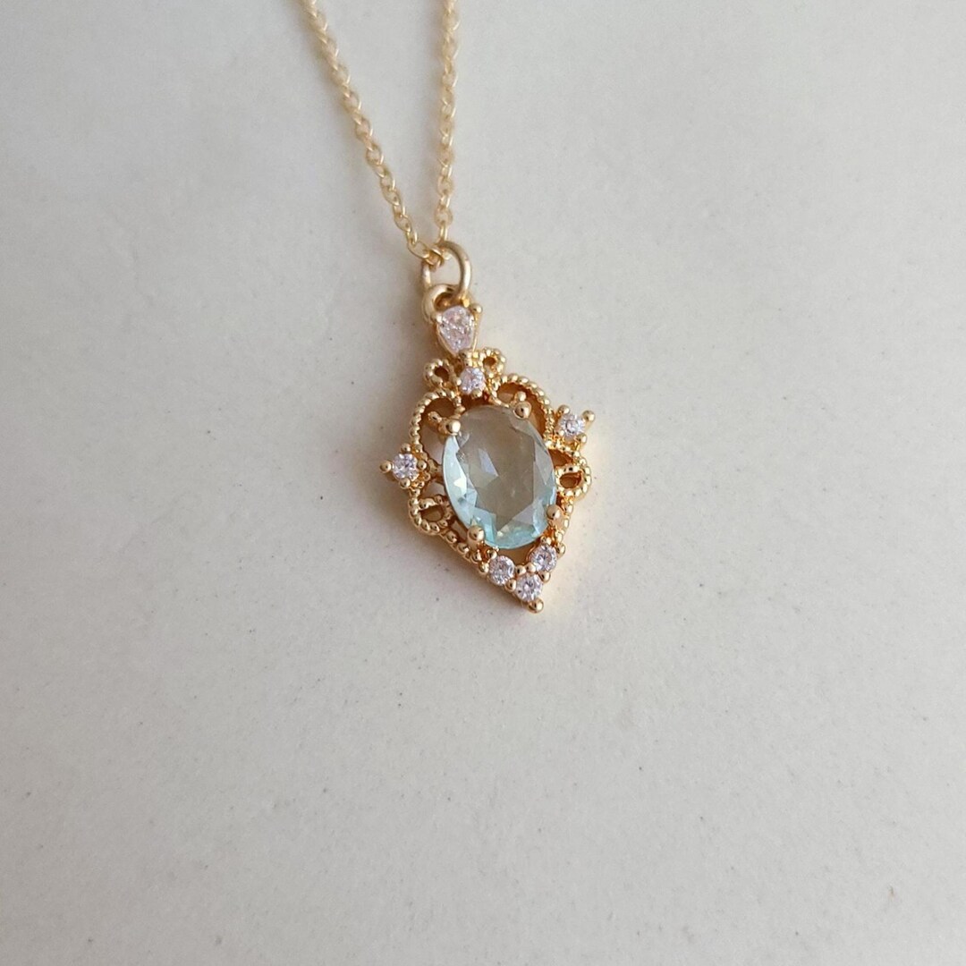 Gold Plated Light Blue Jewel Necklace, Vintage Style Necklace, Cute ...