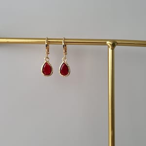 Ruby Red & Crystal Teardrop Teardrop Jewel Huggie Hoop Earrings, Gold ...