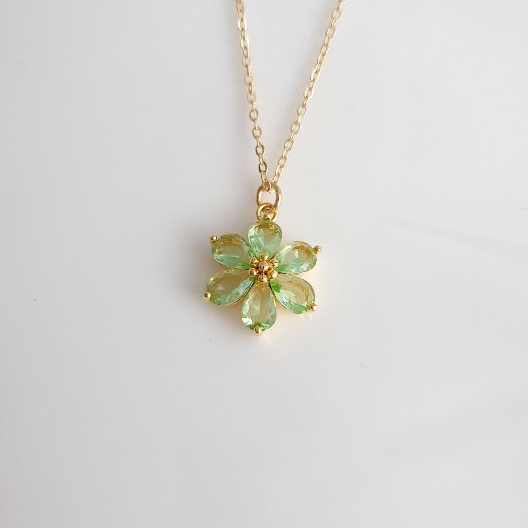 Light Green CZ Flower Necklace | Peridot Green Necklace | Vintage Style ...