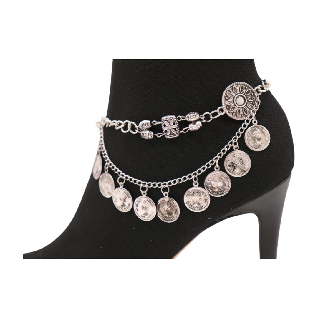 New Women Silver Metal Boot Chain Bracelet Shoe Anklet Ethnic Coin Wave ...