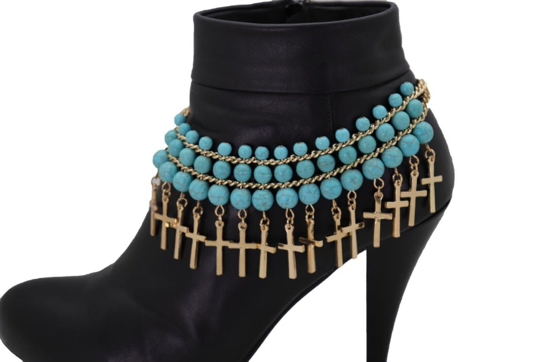 Western Boot Chain: Gold Cross Charms, Turquoise Beads (single) - Etsy