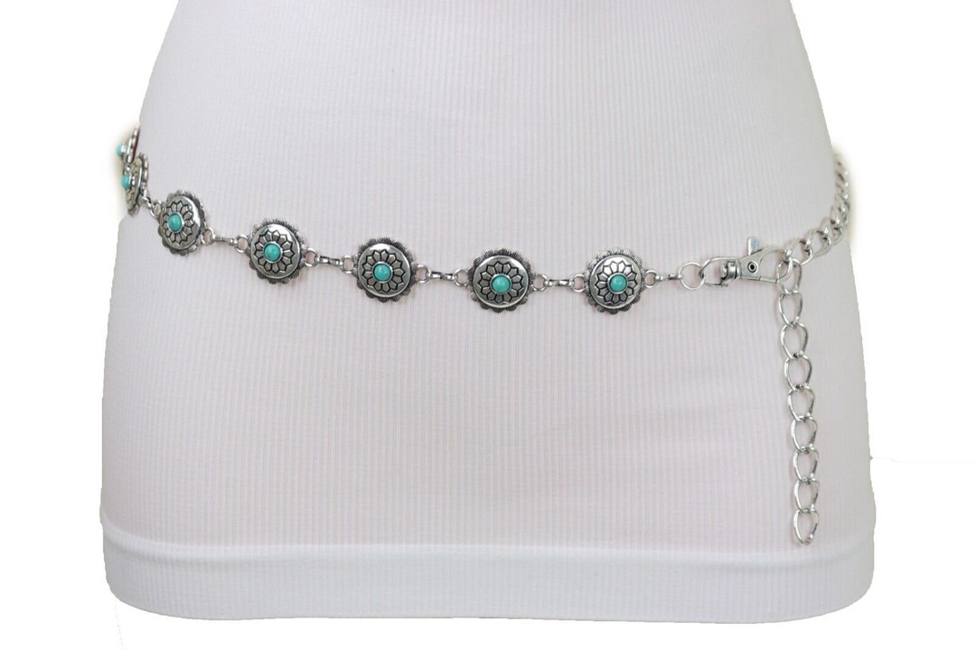 Women Silver Metal Ethnic Fashion Belt Narrow Turquoise Blue Color ...