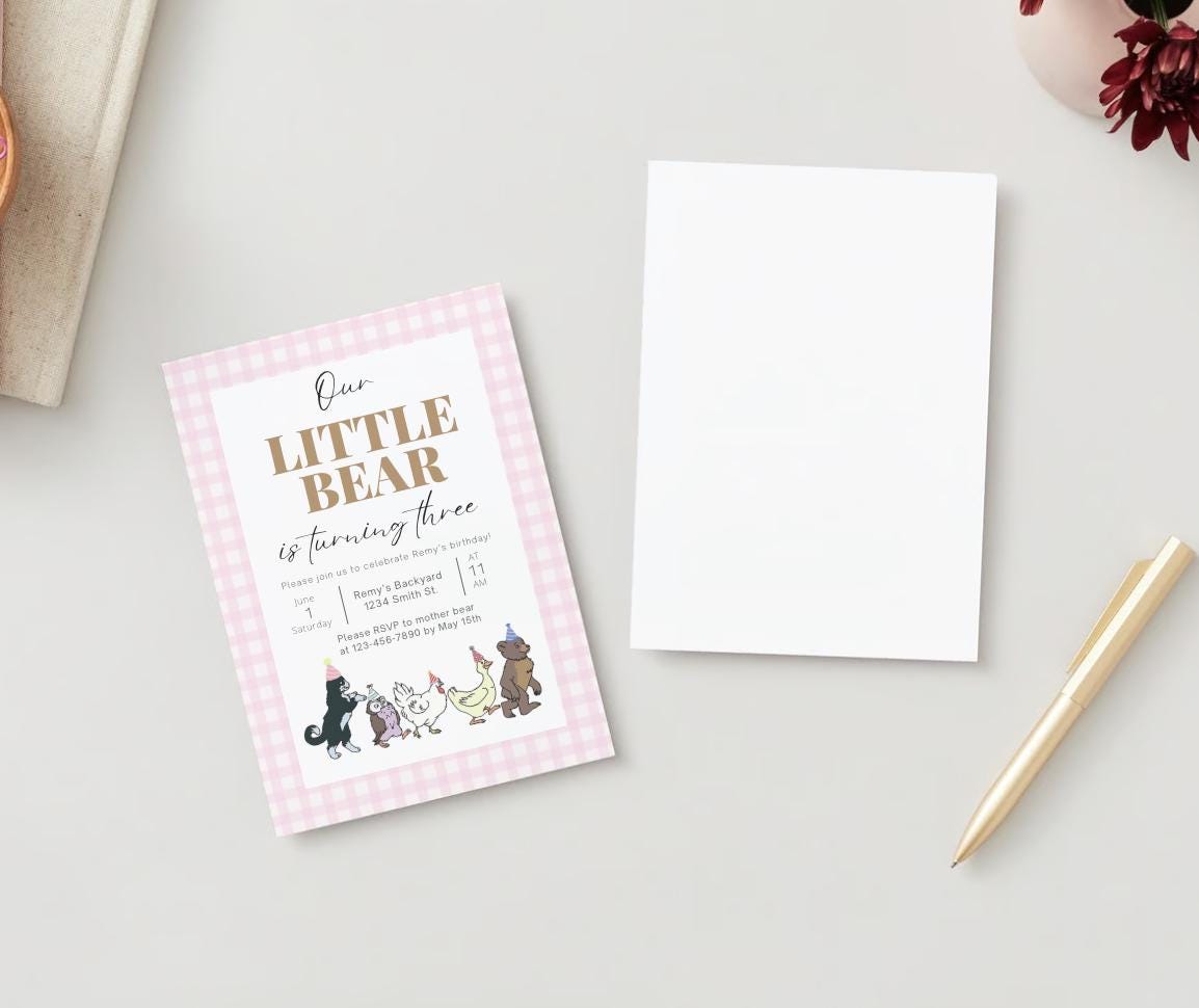 Little Bear Birthday Invitation for Girls – Editable Template (digital ...