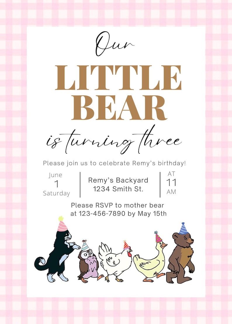 Little Bear Birthday Invitation for Girls – Editable Template (digital ...