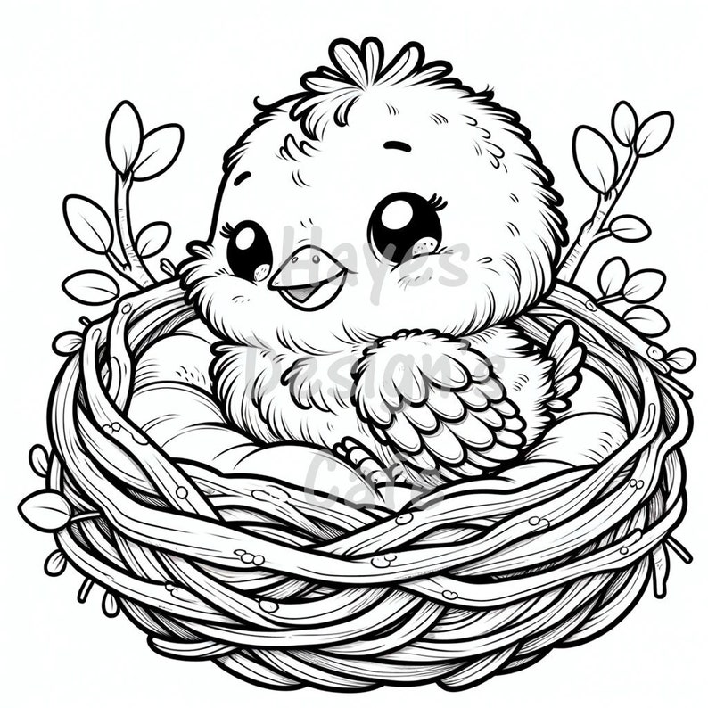 Baby Bird Coloring Page Crayons Nest Tree Flowers Leaves Wings Fly Sky ...