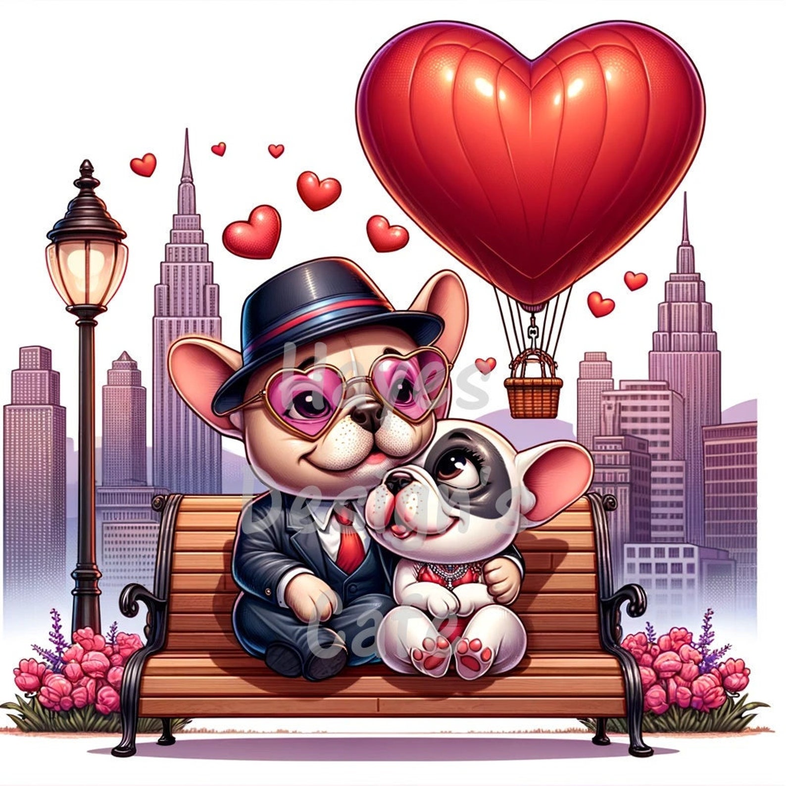 French Bull Dog Valentines Day Red Heart Black Top Hat Suit City Lights ...