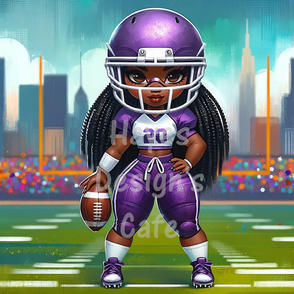 Black Chibi Lady Football Player Purple White Helmet Uniform Braids ...