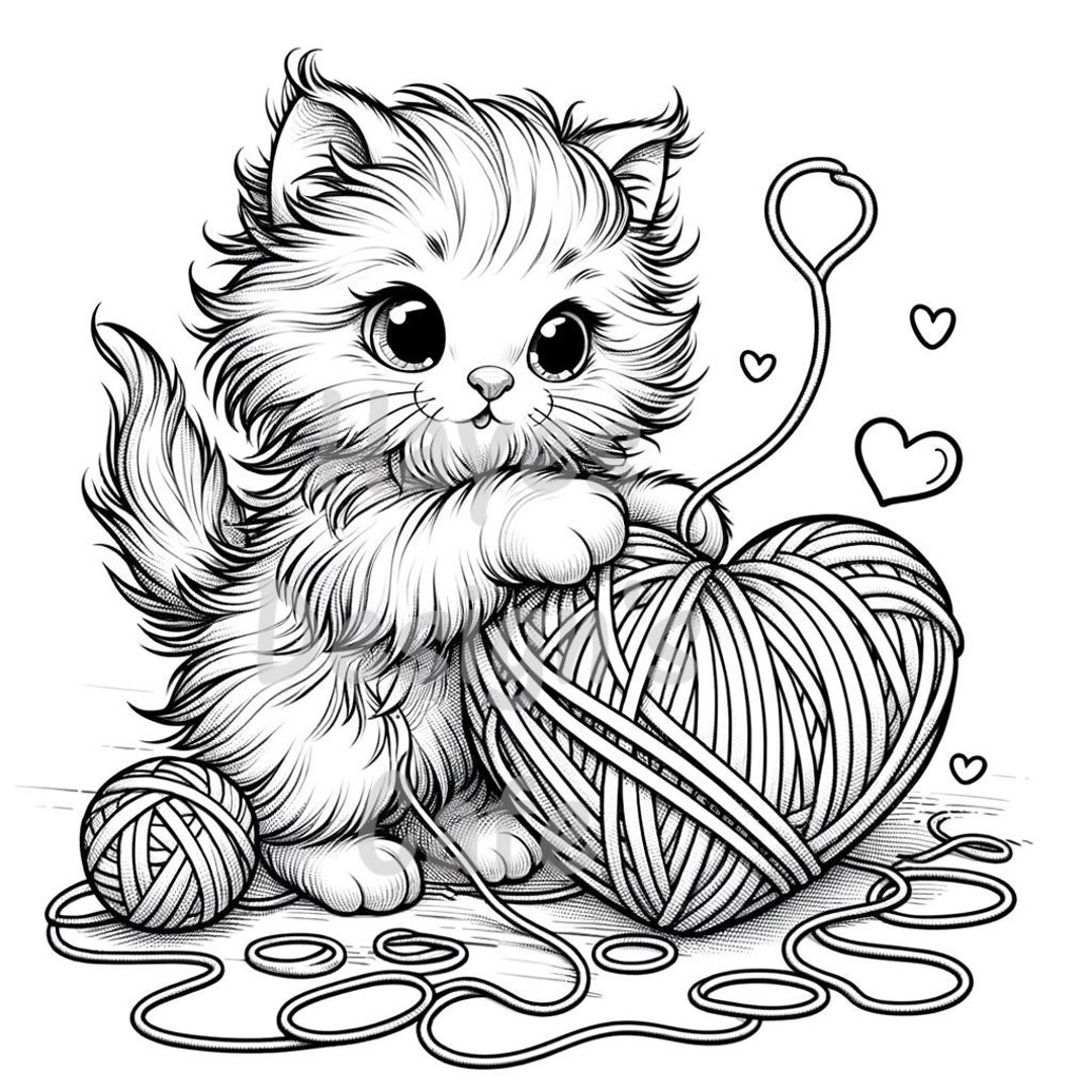 Playful Kitten Coloring Page: Heart Yarn Ball Line Art (digital ...