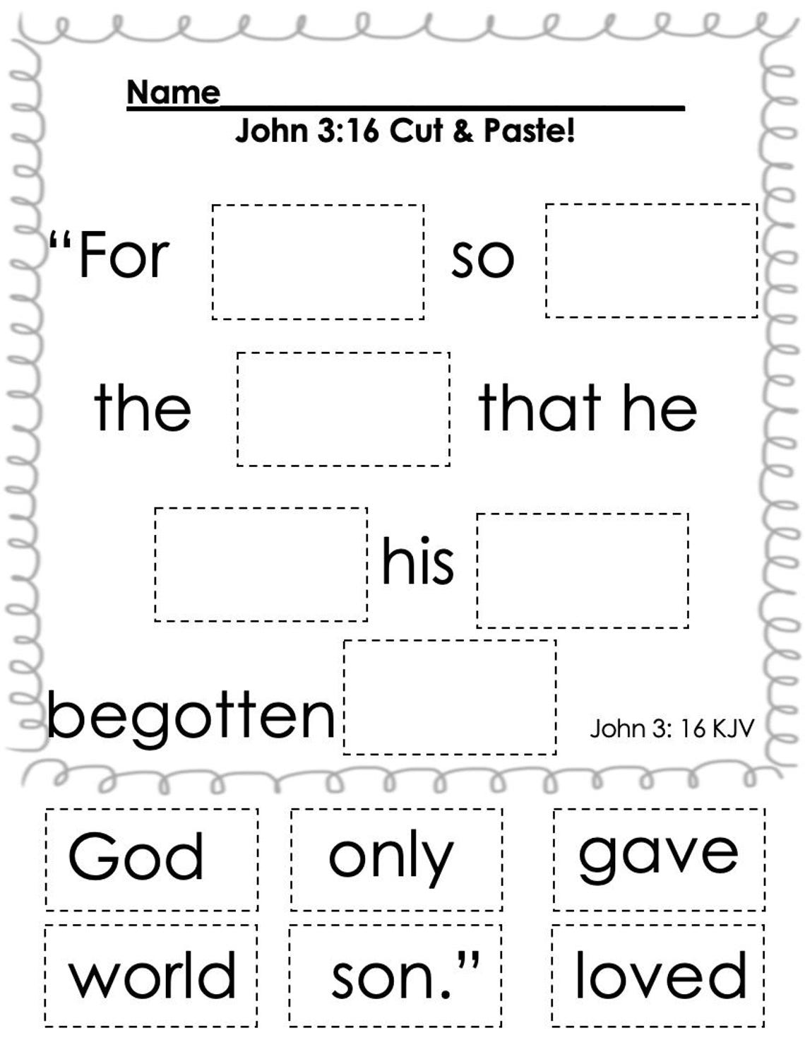 John 3:16 (KJV VERSION) Bible Verse Sunday School Worksheet Set - Etsy