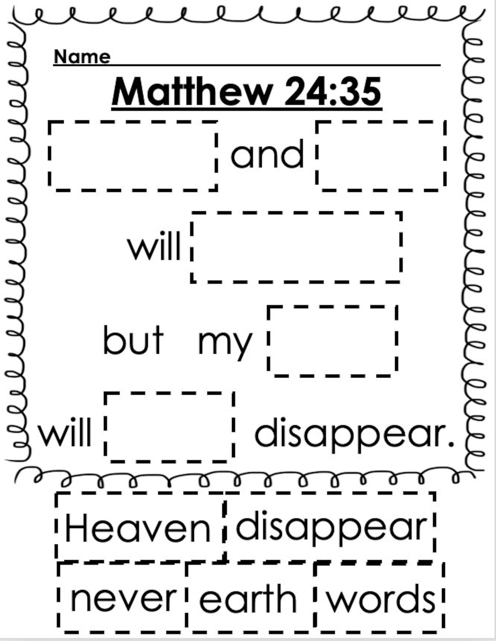 Matthew 24:35 Bible Verse Sunday School Worksheet Set - Etsy