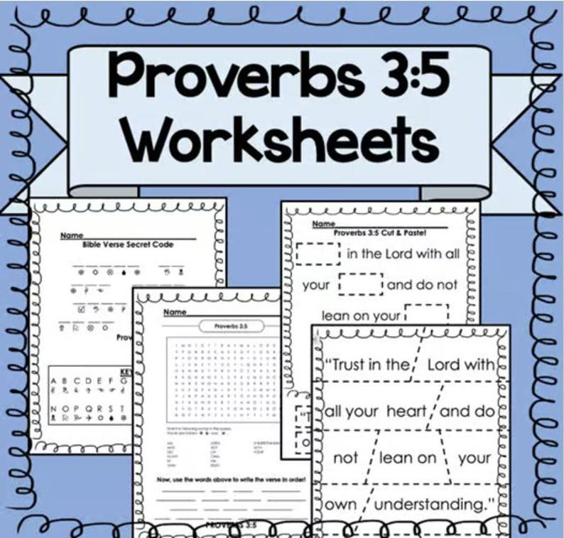 Proverbs 3:5 Bible Verse Worksheet Set, Worry Theme - Etsy