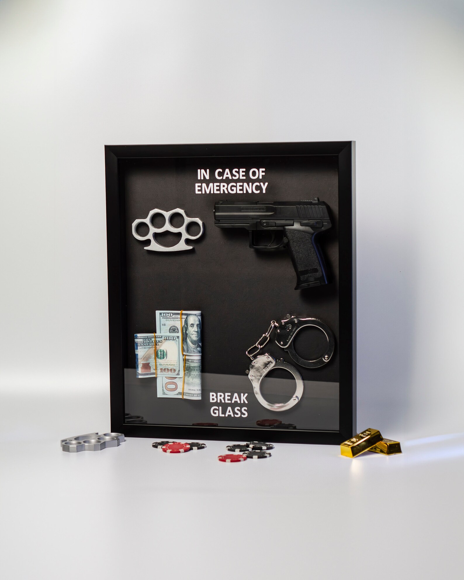 Emergency Box Special Gift. Dollars in a Black Wooden Frame. Money in a ...