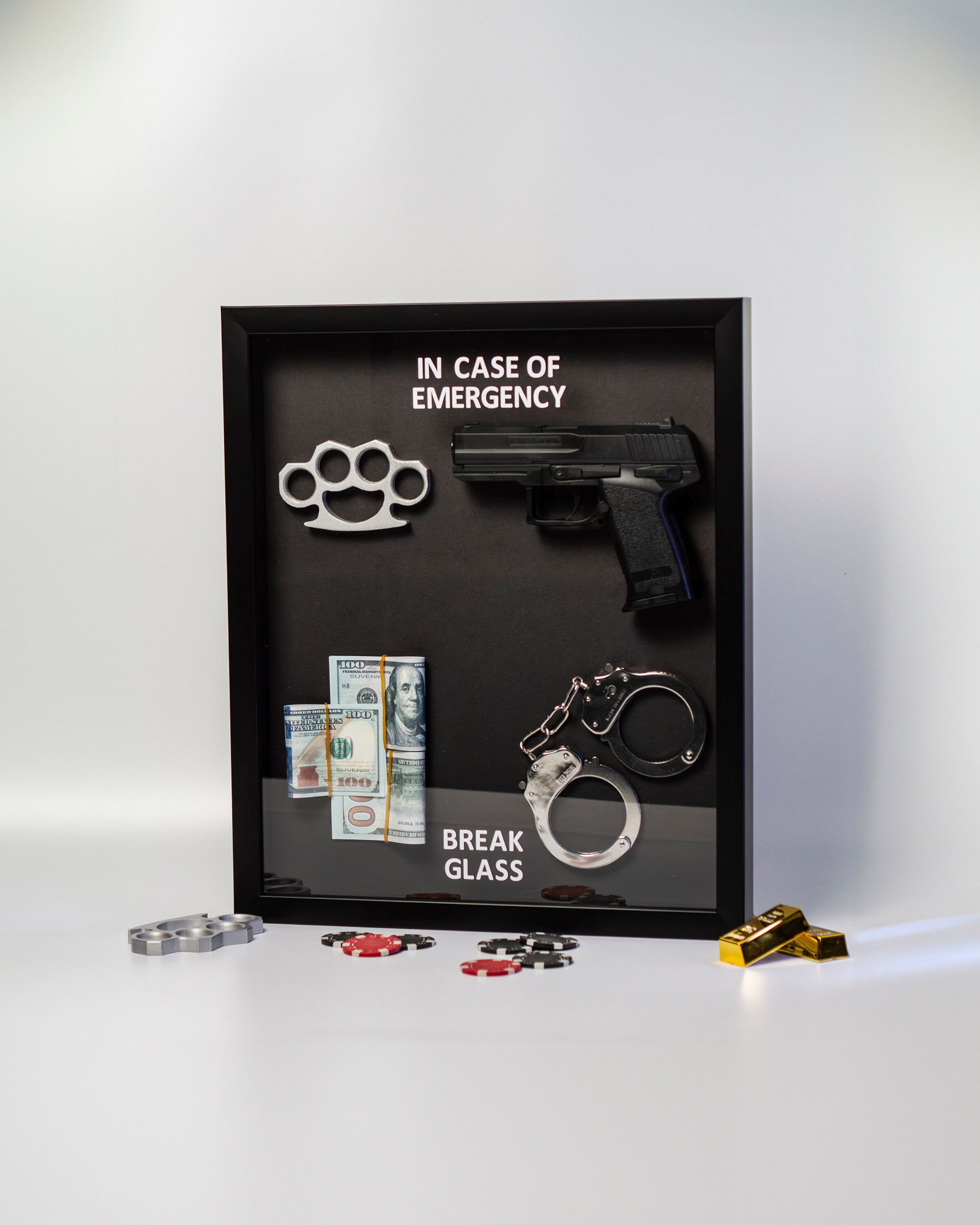Emergency Box Special Gift. Dollars in a Black Wooden Frame. Money in a ...