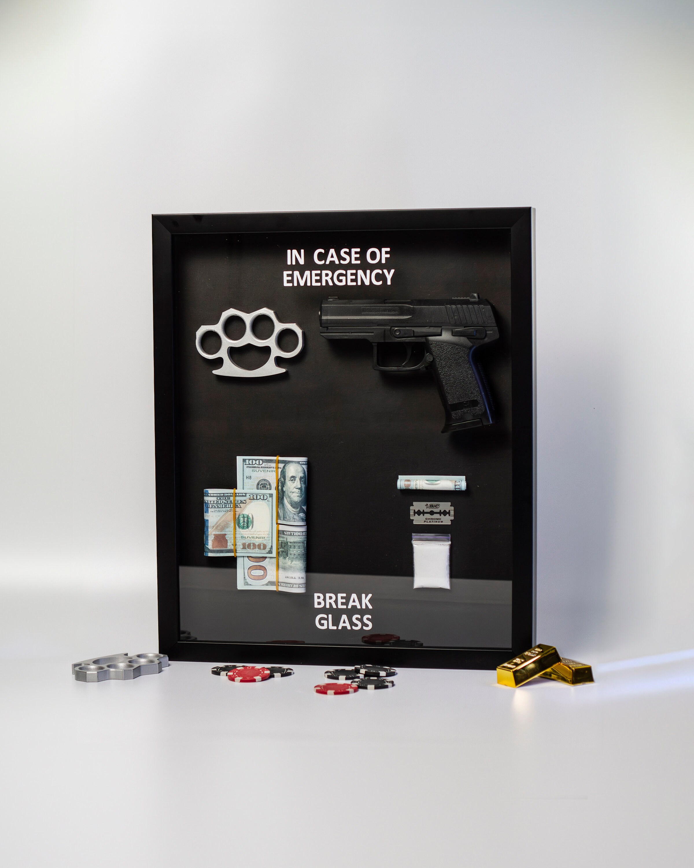 Emergency Box Special Gift. Dollars in a Black Wooden Frame. Money in a ...