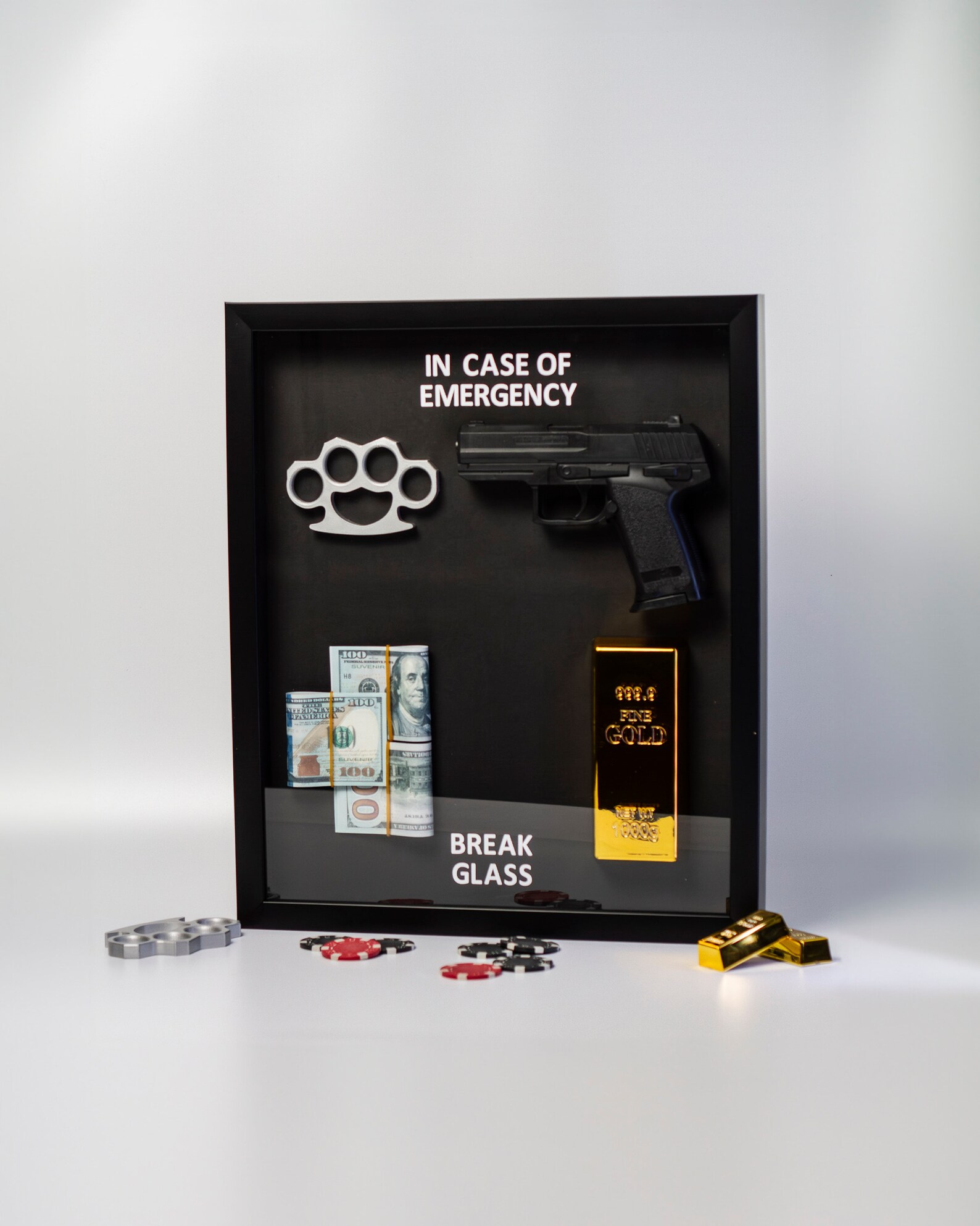 Emergency Box Special Gift. Dollars in a Black Wooden Frame. Money in a ...