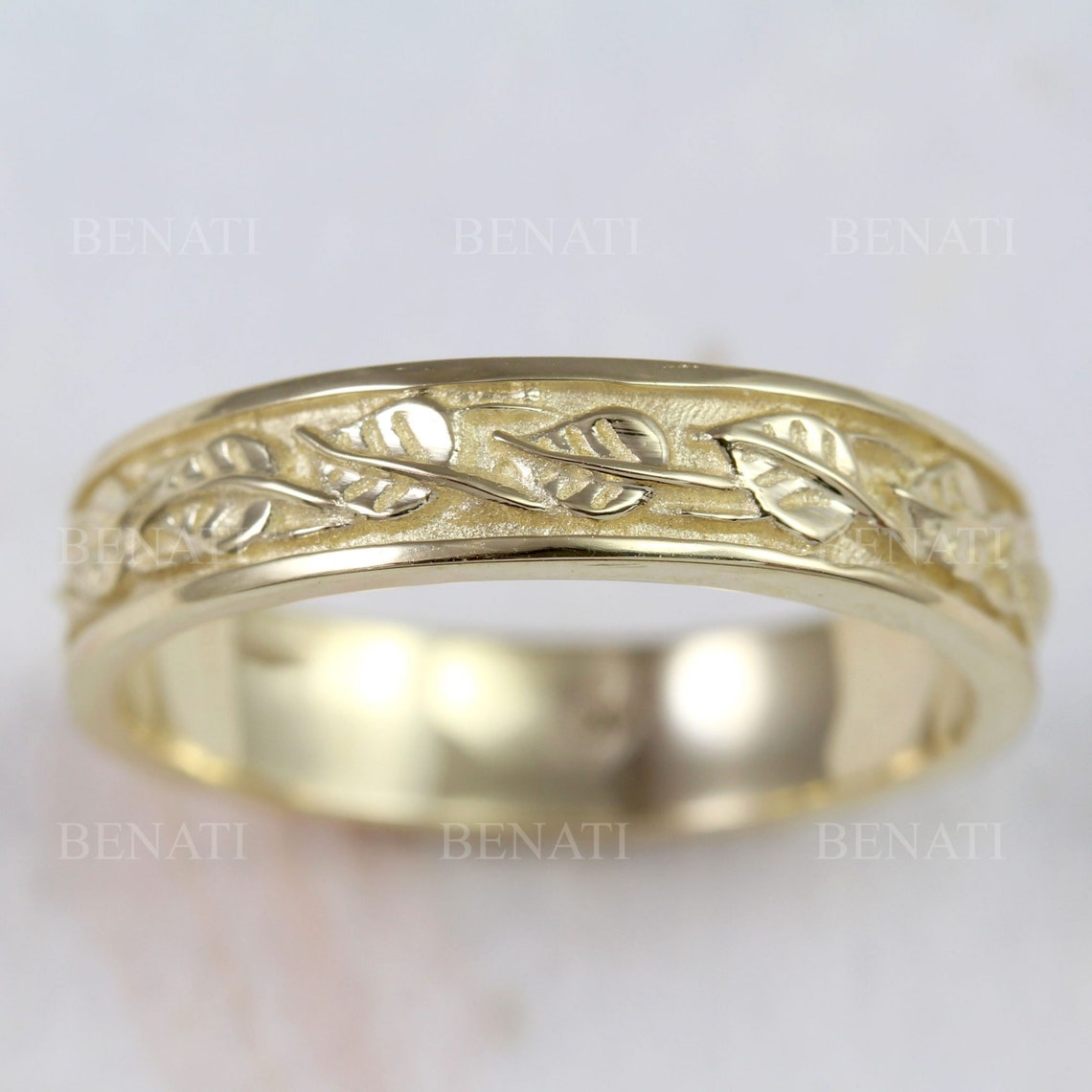 Men's Gold Wedding Band, Leaves Wedding Ring 14k Gold, Rustic Wedding ...