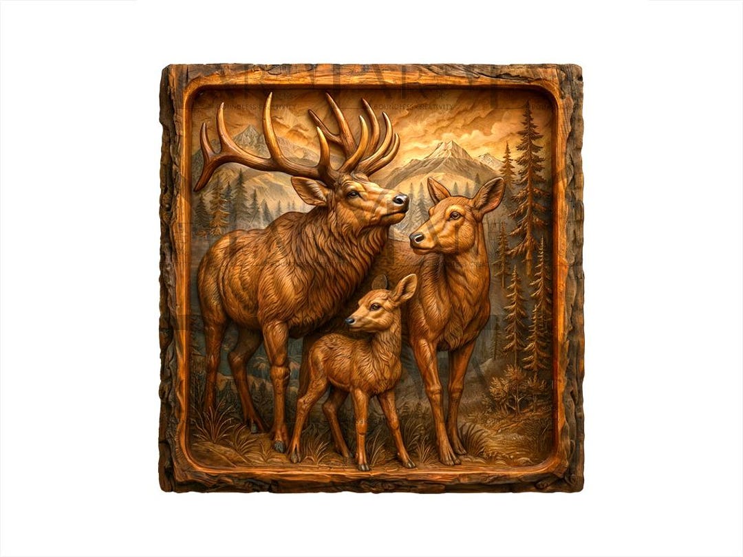 Elk Family Woodland Scene 3D Illusion Laser Engraving Design. Rustic ...