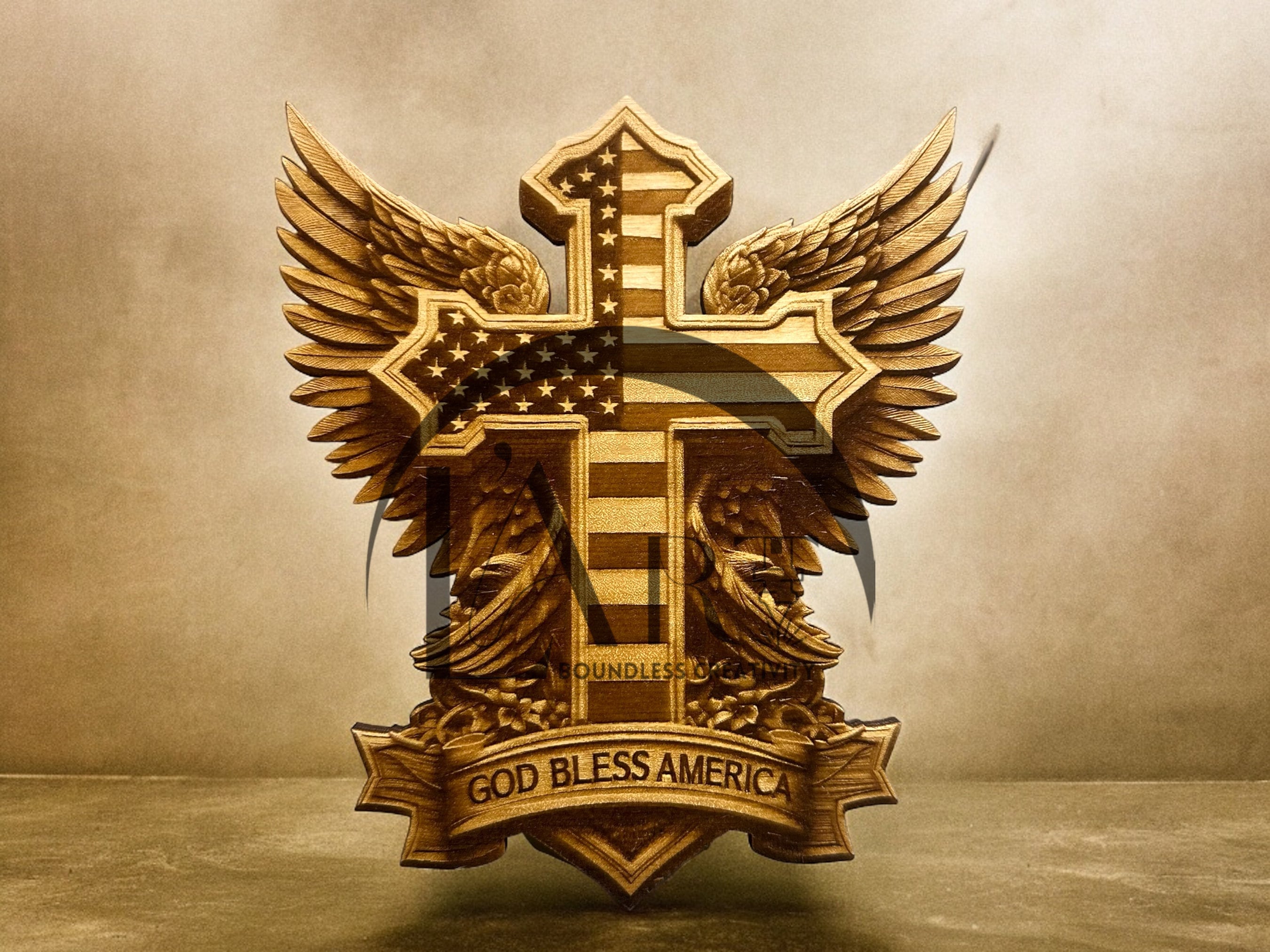 God Bless America Cross With Eagle Wings 3D Illusion Laser Engraving ...