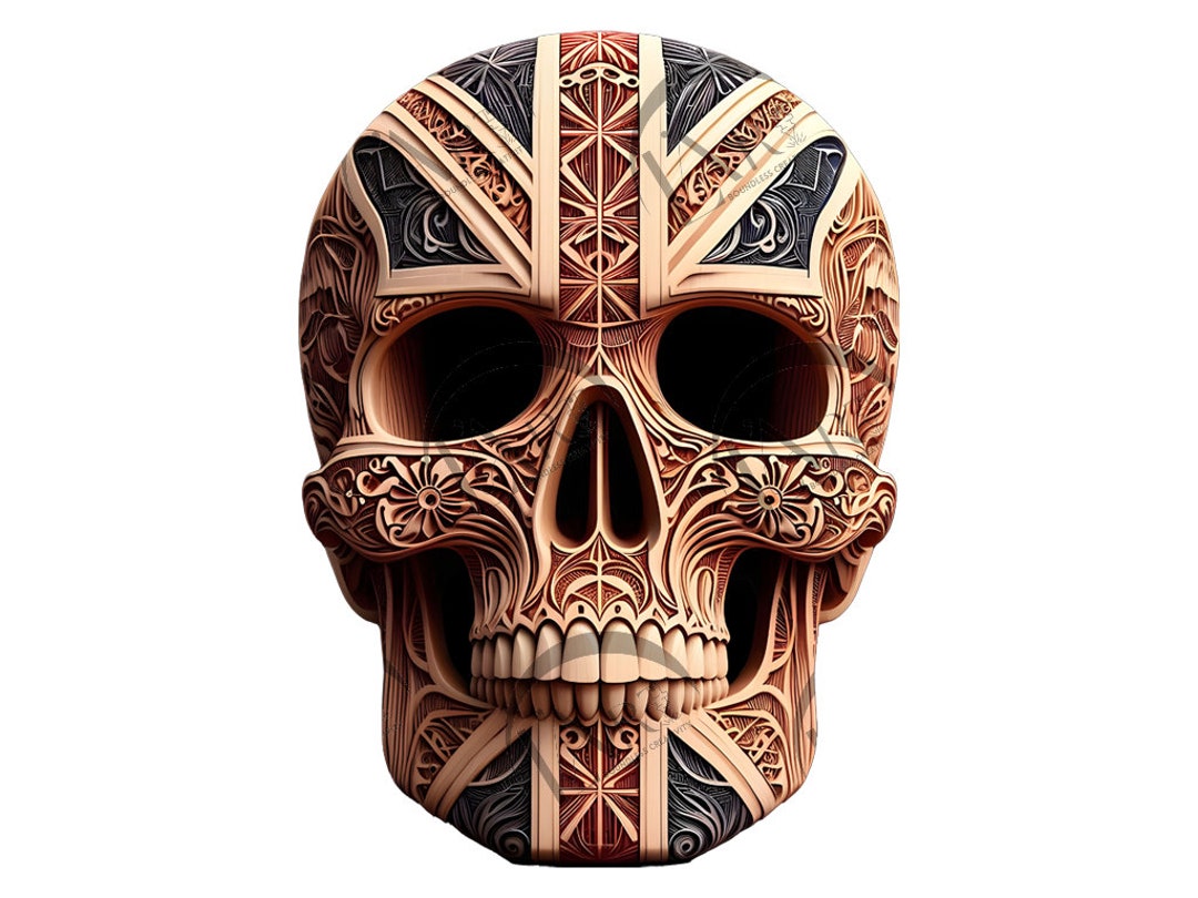 Union Jack Skull 3D Illusion Laser Engraving Design - Intricate Floral ...