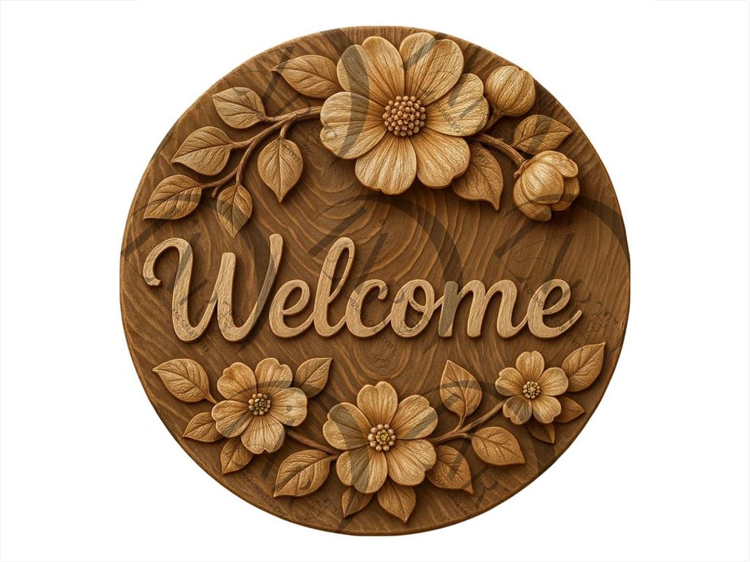 Floral Welcome Sign 3D Illusion Laser Engraving Design. Elegant Wood ...