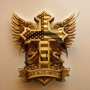 God Bless America Cross With Eagle Wings 3D Illusion Laser Engraving ...