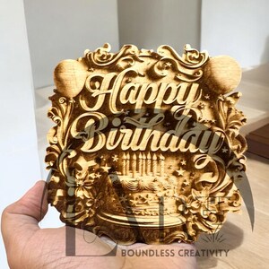 Happy Birthday 3D Illusion Laser Engraving Design - Birthday Cake and Balloons Decor and ...
