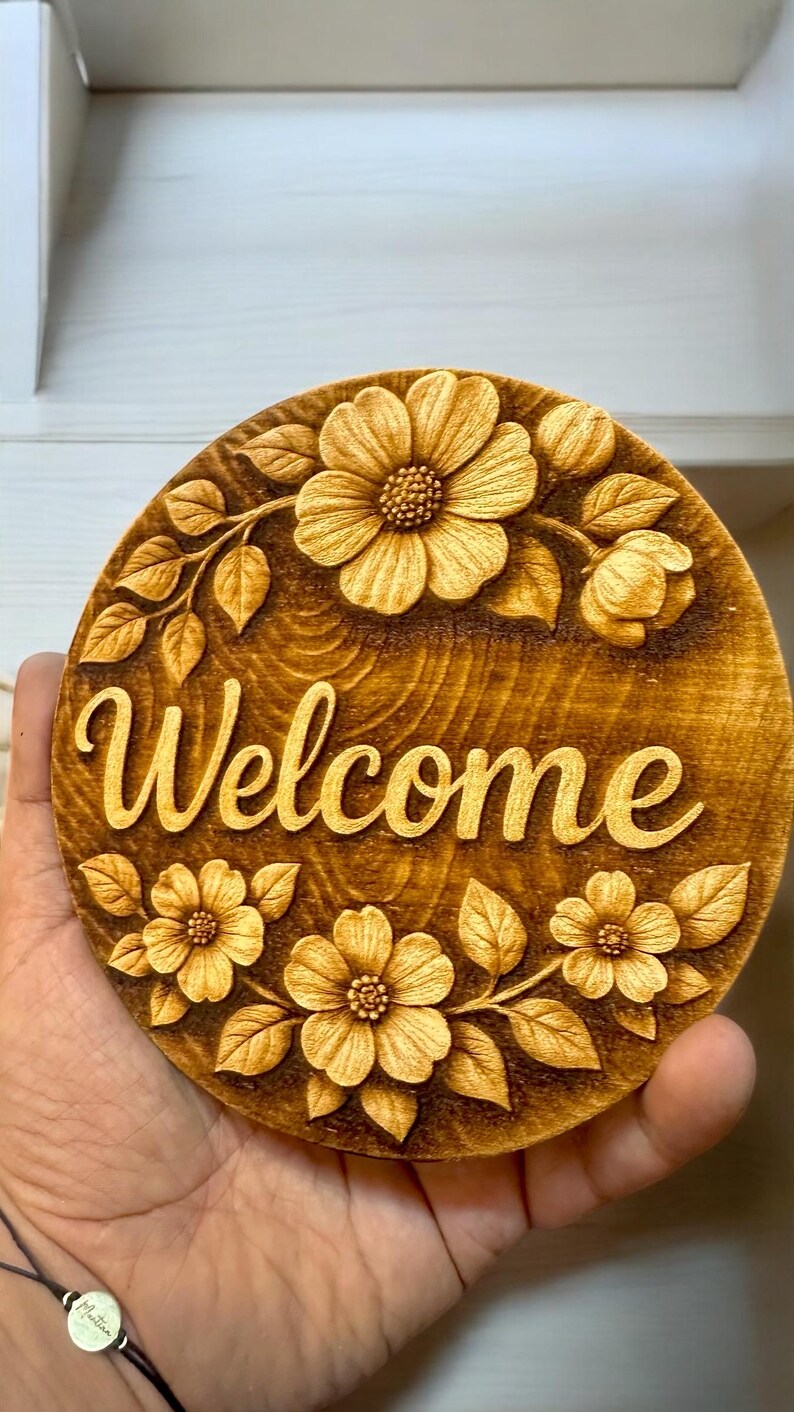 Floral Welcome Sign 3D Illusion Laser Engraving Design. Elegant Wood ...