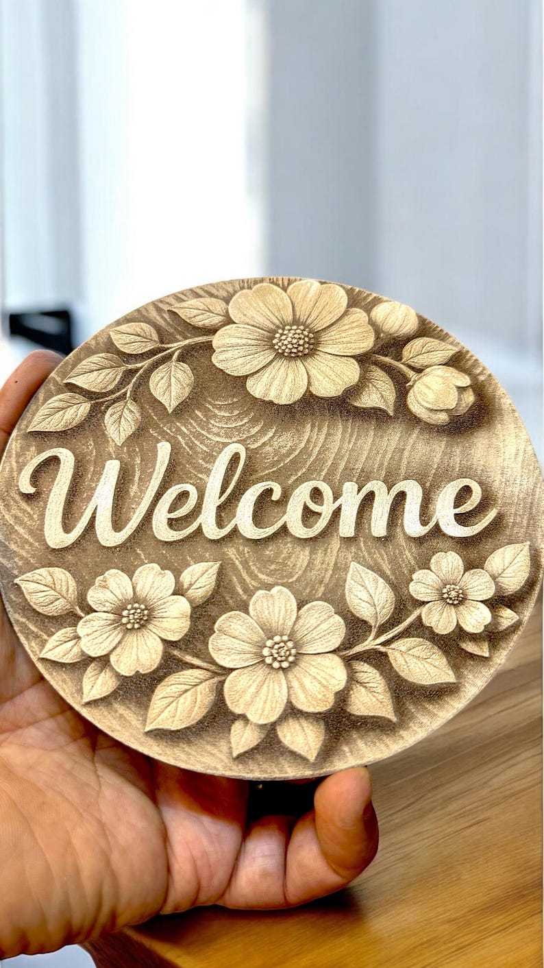 Floral Welcome Sign 3D Illusion Laser Engraving Design. Elegant Wood ...